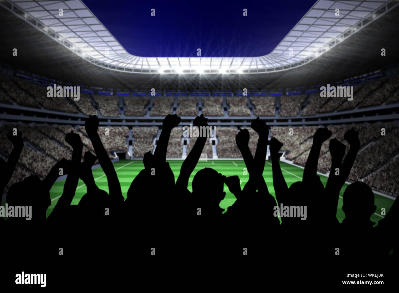Silhouettes of football supporters against large football stadium with ...