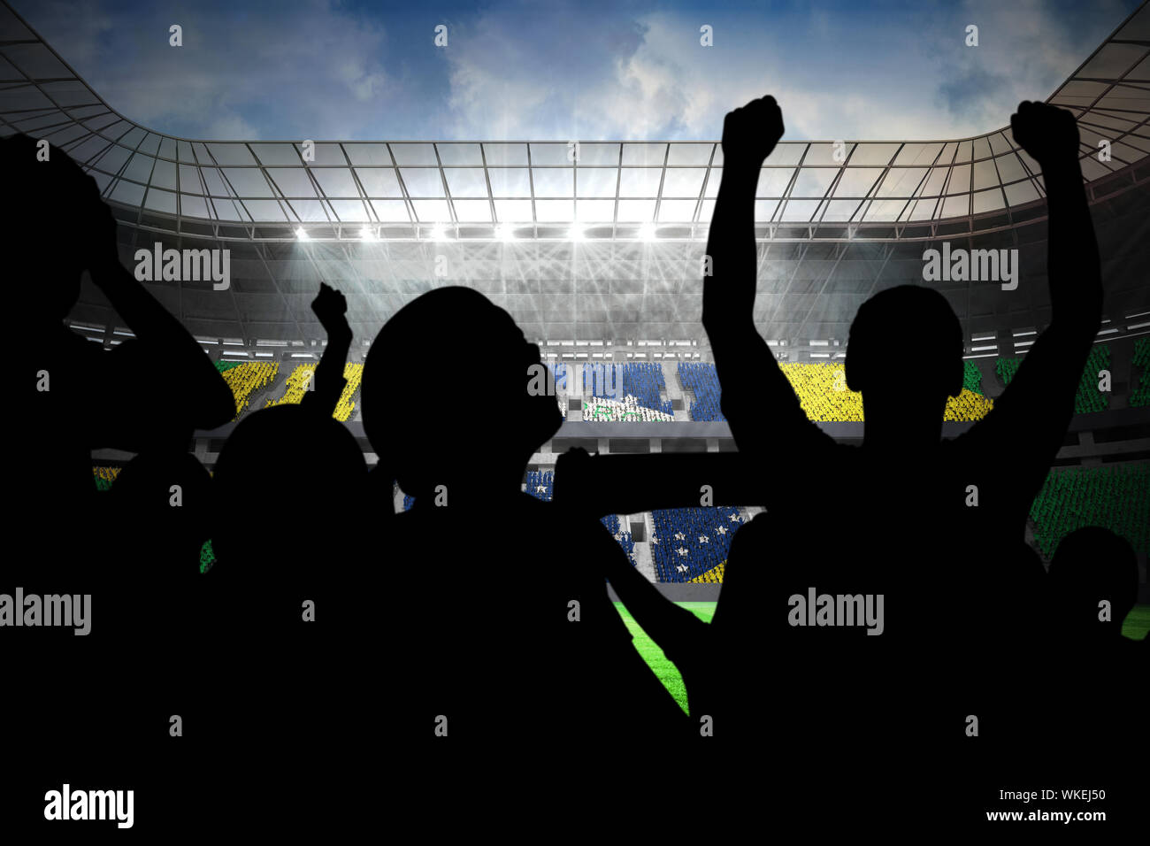Silhouettes of football supporters against large football stadium with ...