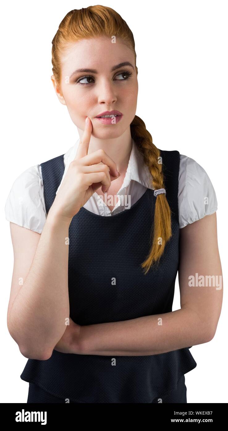 Thinking pretty redhead businesswoman with finger on chin on white ...