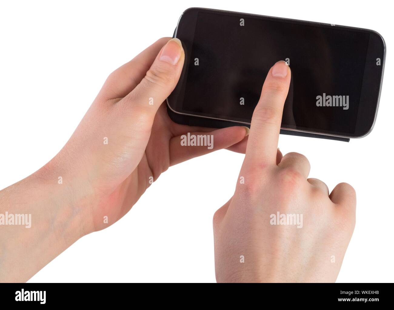Hands holding smartphone showing screen on white background Stock Photo ...