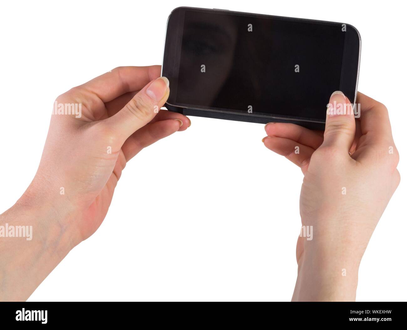 Hands holding smartphone showing screen on white background Stock Photo ...