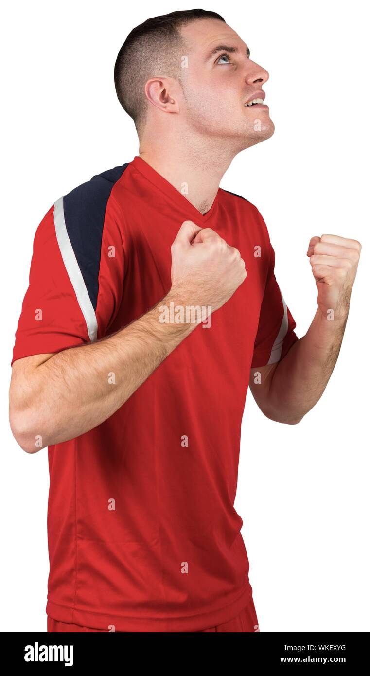 Excited football player cheering on white background Stock Photo - Alamy