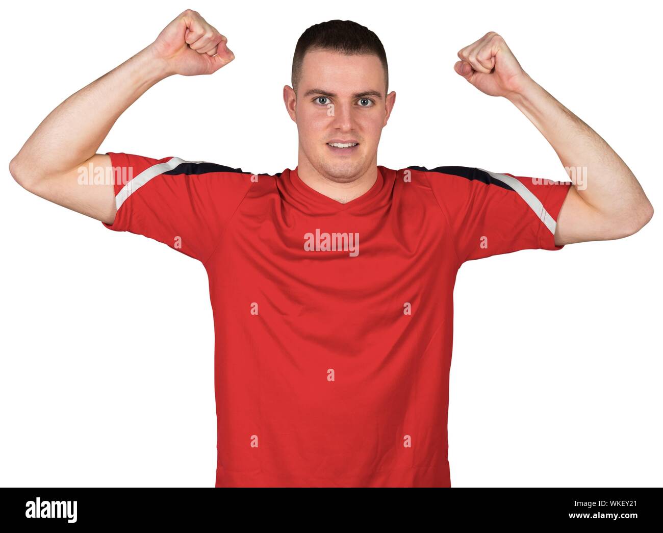 Excited football player cheering on white background Stock Photo - Alamy