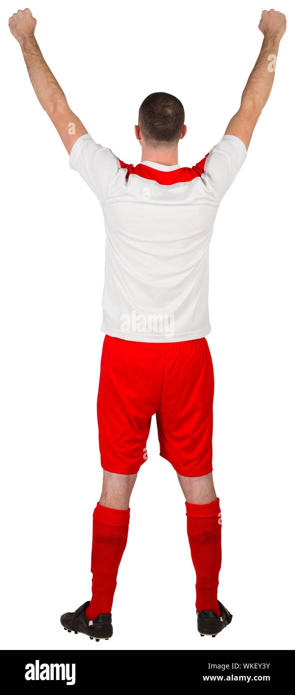 Excited football player cheering on white background Stock Photo - Alamy