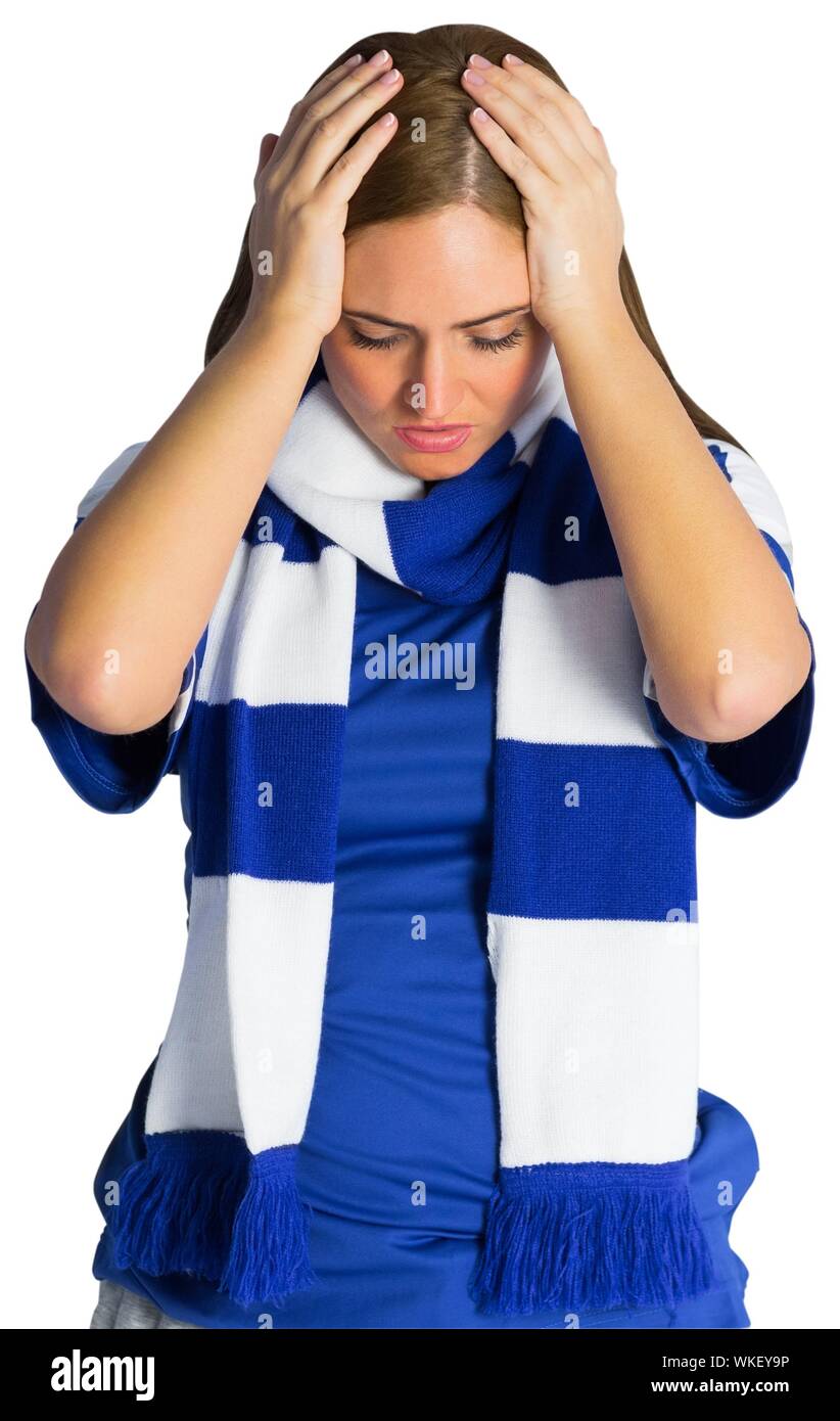 Disappointed football fan looking down on white background Stock Photo ...