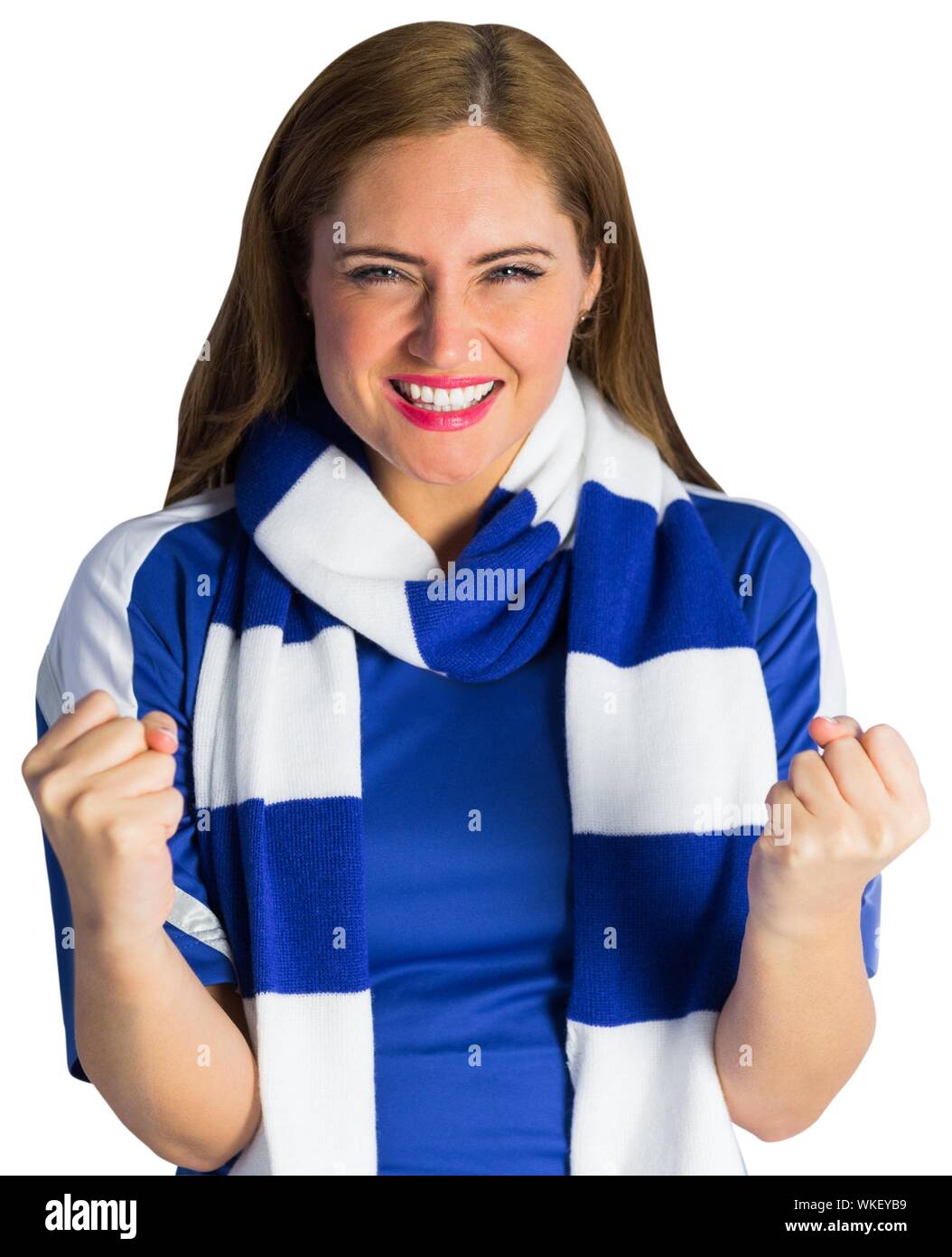 Pretty football fan cheering on white background Stock Photo - Alamy
