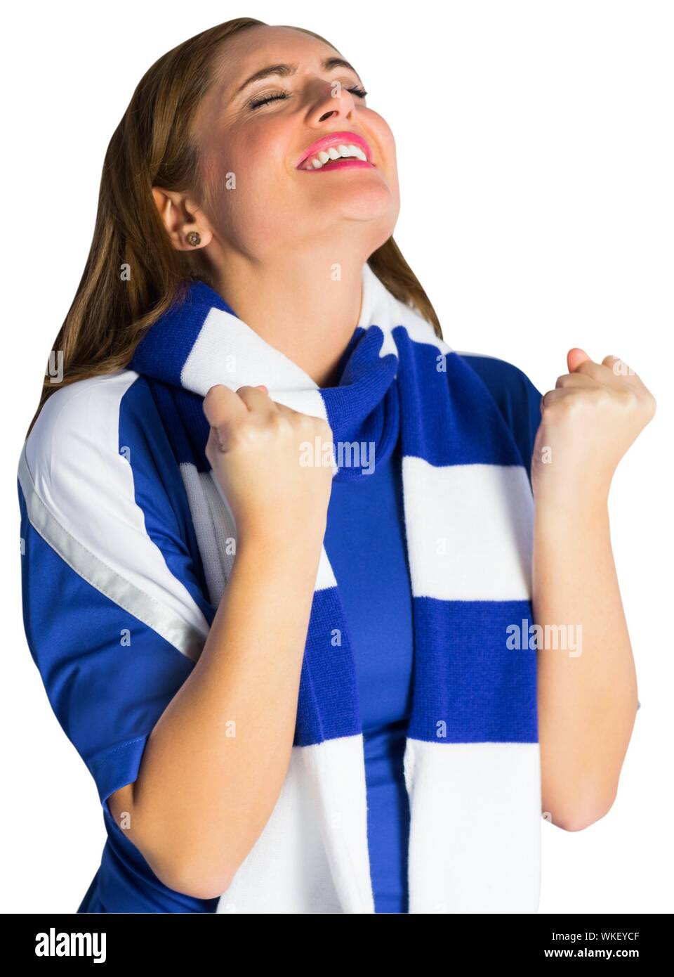 Pretty football fan cheering on white background Stock Photo - Alamy