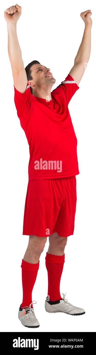 Excited football player cheering on white background Stock Photo - Alamy
