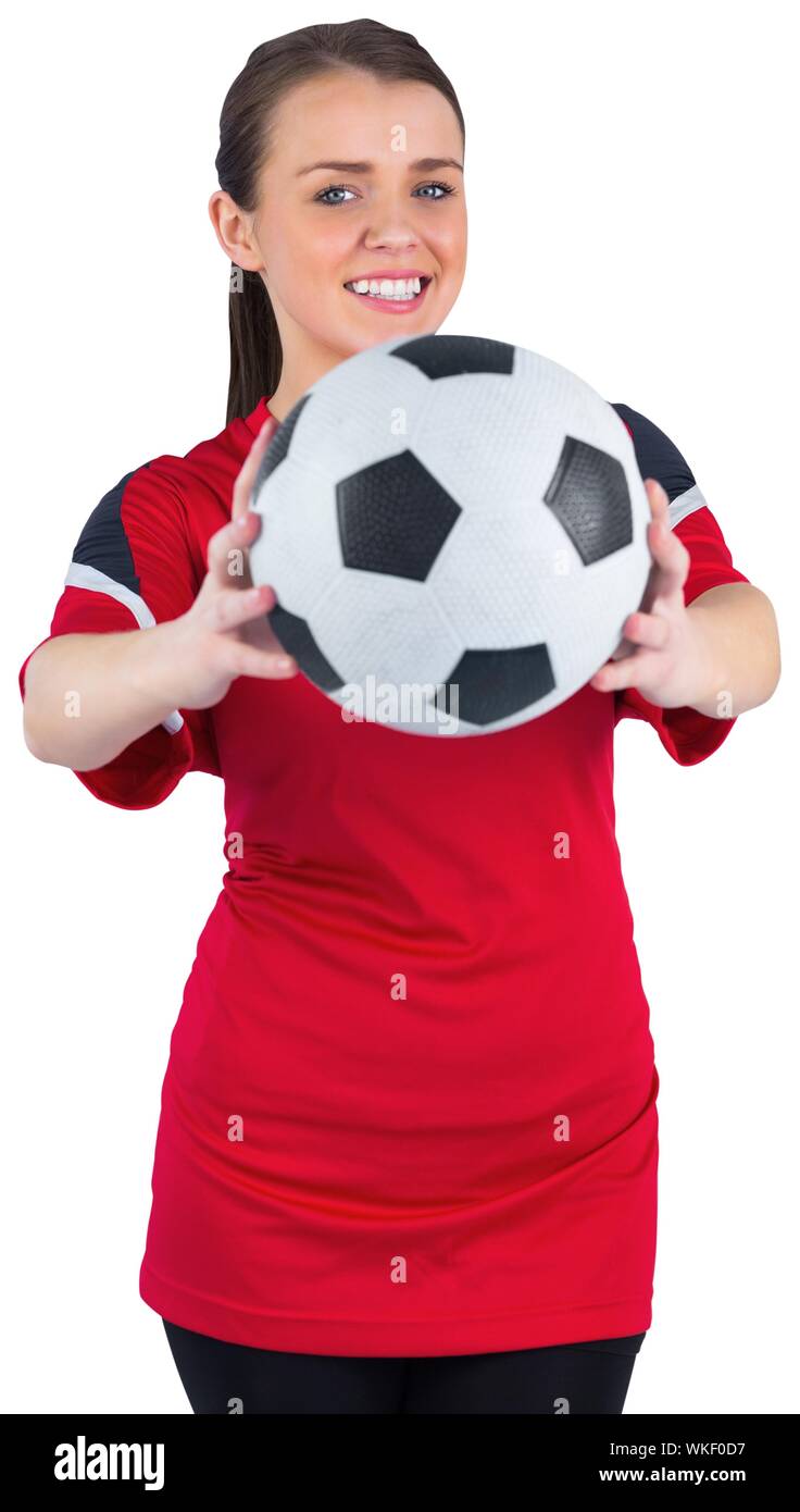 Pretty football fan in red on white background Stock Photo - Alamy