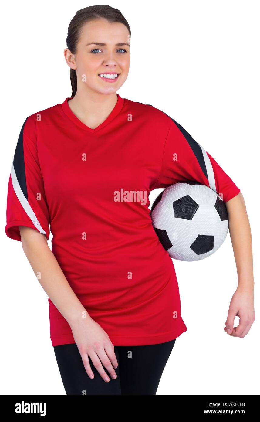 Pretty football fan in red on white background Stock Photo - Alamy