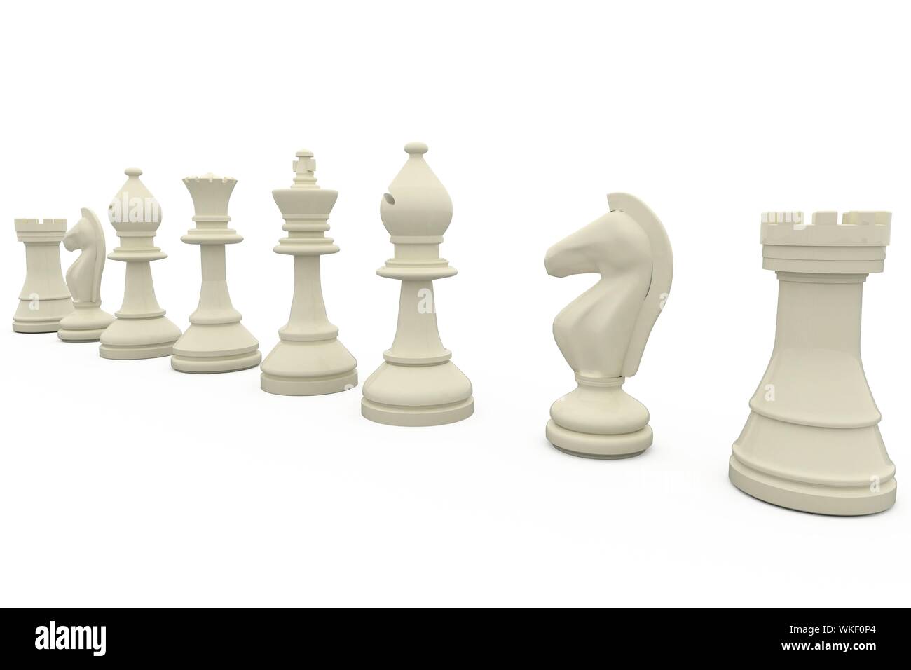 White chess pieces in a row on white background Stock Photo - Alamy