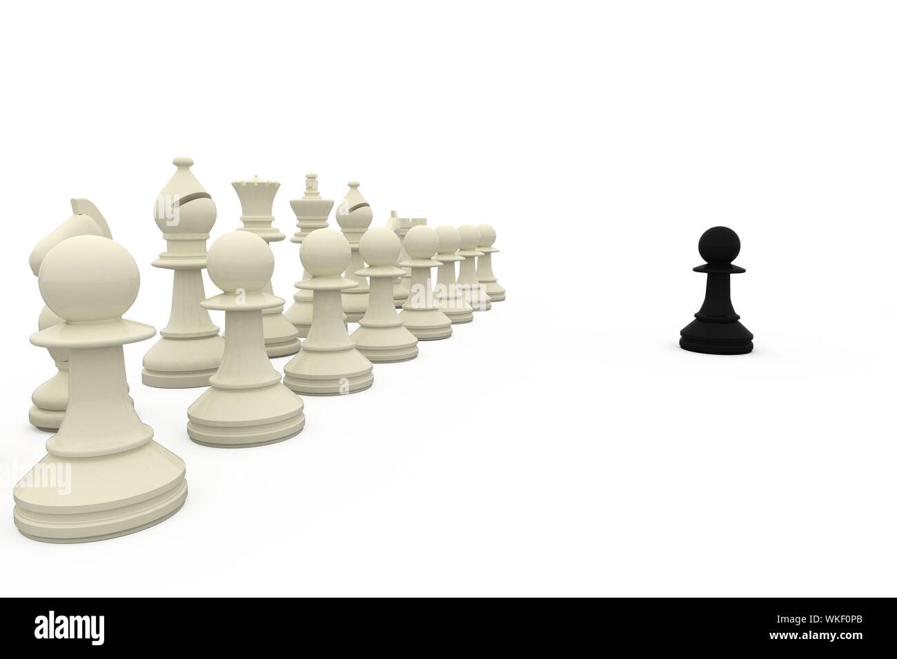 Black pawn facing white pieces on white background Stock Photo - Alamy