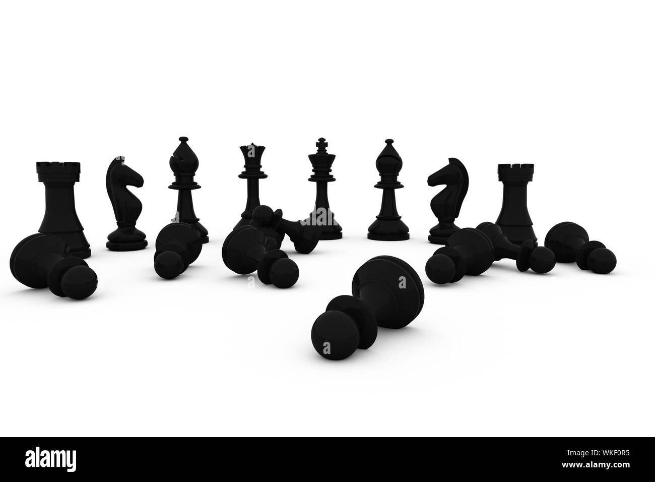 Black chess pieces fallen and standing on white background Stock Photo ...