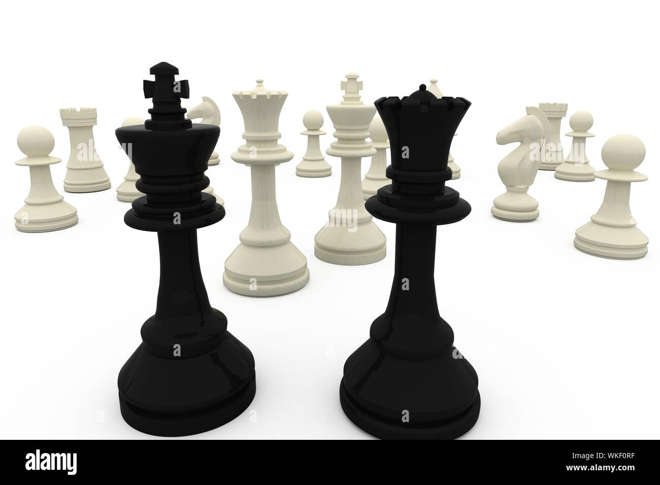 Black king and queen facing white pieces on white background Stock ...