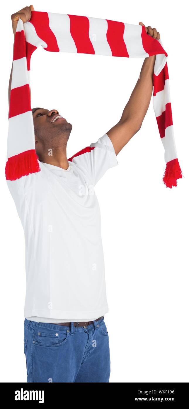 Happy football fan waving scarf on white background Stock Photo - Alamy