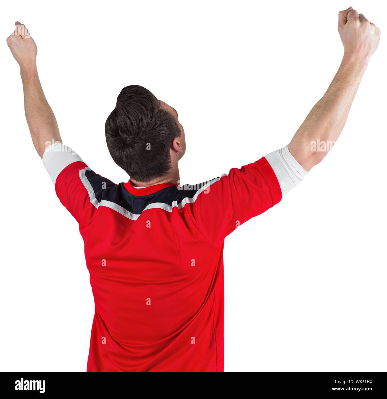 Excited football fan cheering on white background Stock Photo - Alamy