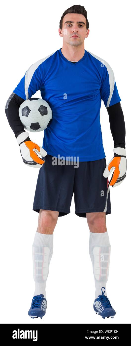 Handsome goalkeeper in blue jersey on white background Stock Photo - Alamy