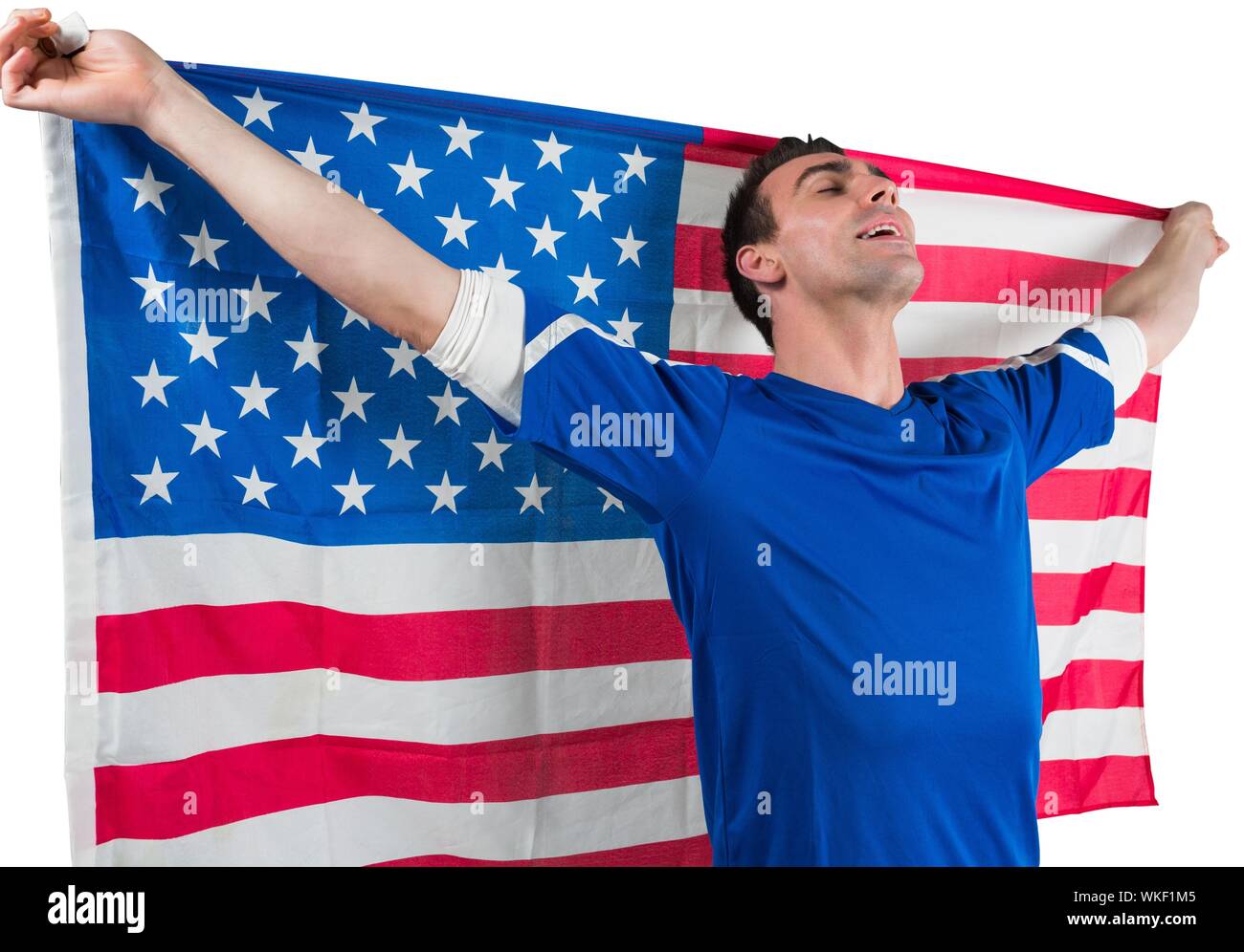 American soccer fan holding flag on white background Stock Photo - Alamy