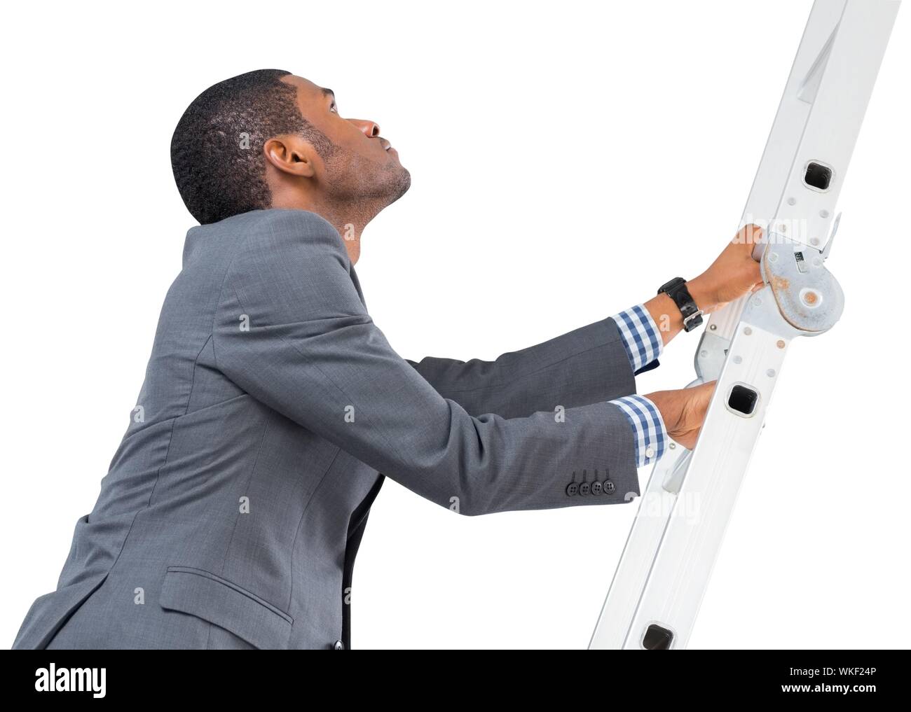 Businessman climbing up ladder on white background Stock Photo - Alamy