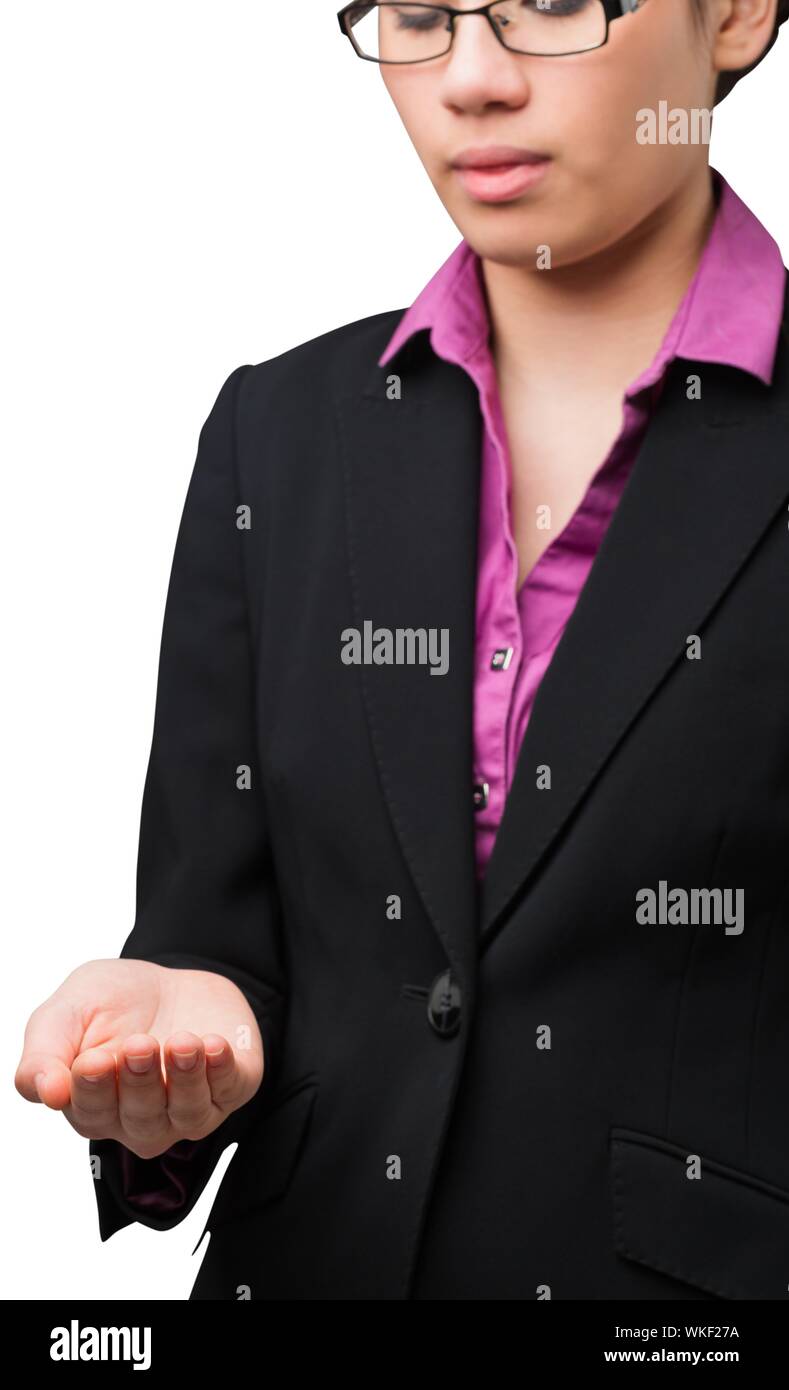 Businesswomans holding hand out on white background Stock Photo - Alamy