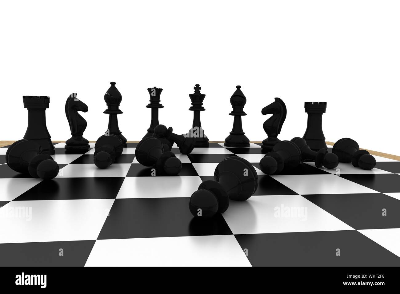 Fallen black pawns on chess board on white background Stock Photo - Alamy