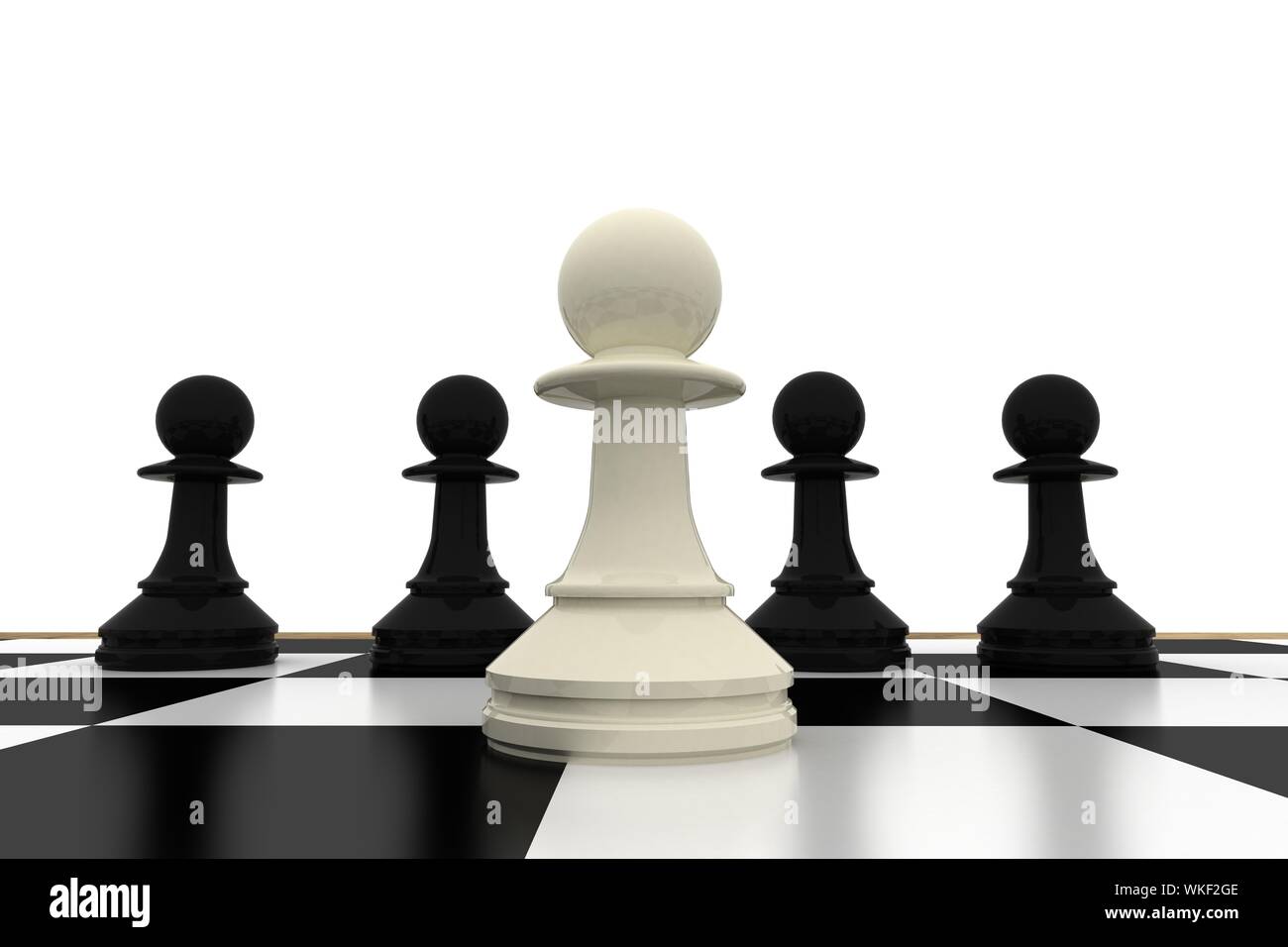 White pawn standing with black pawns on white background Stock Photo ...