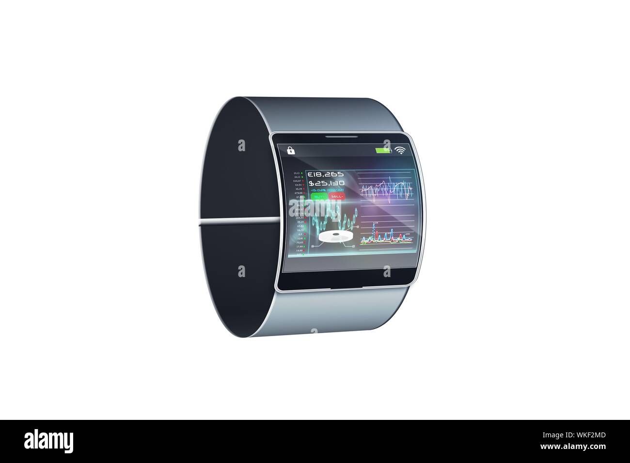 Futuristic black wrist watch with interface on white background Stock ...