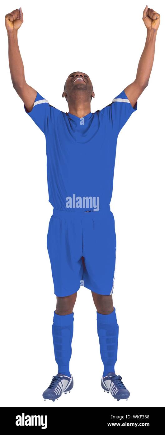 Cheering football player in blue jersey on white background Stock Photo ...