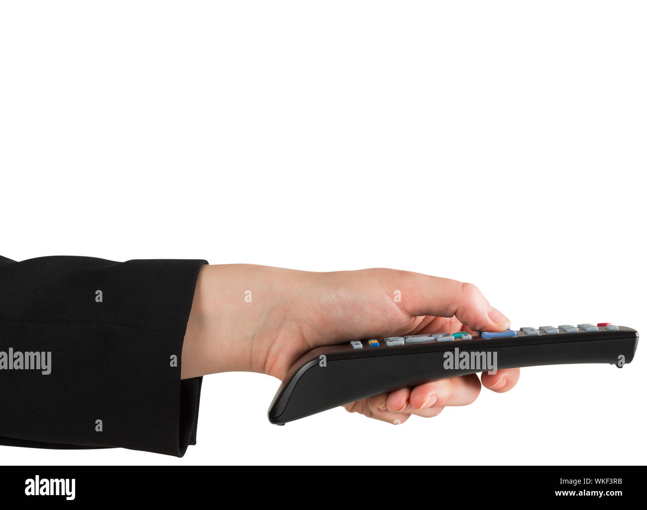 Female hand pressing remote control on white background Stock Photo - Alamy