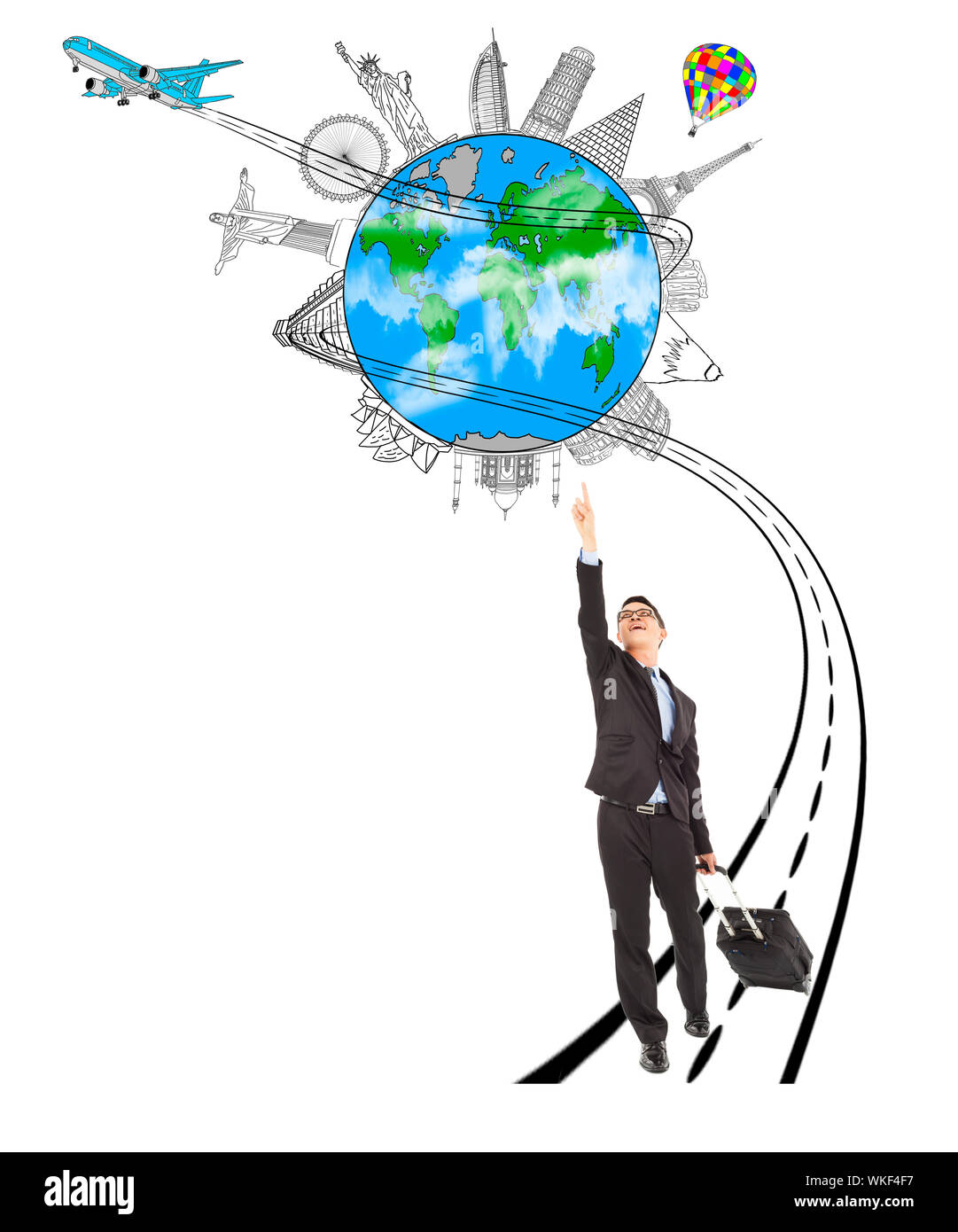 business man pulling a luggage while pointing worldwide landmark Stock ...