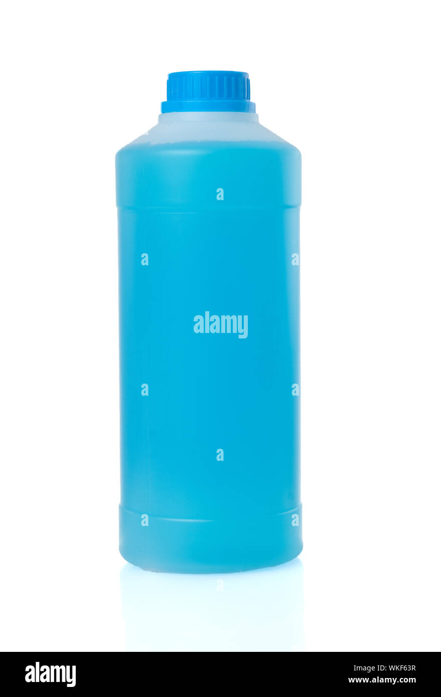 Blue liquid in trasparent plastic bottle isolated on white background ...