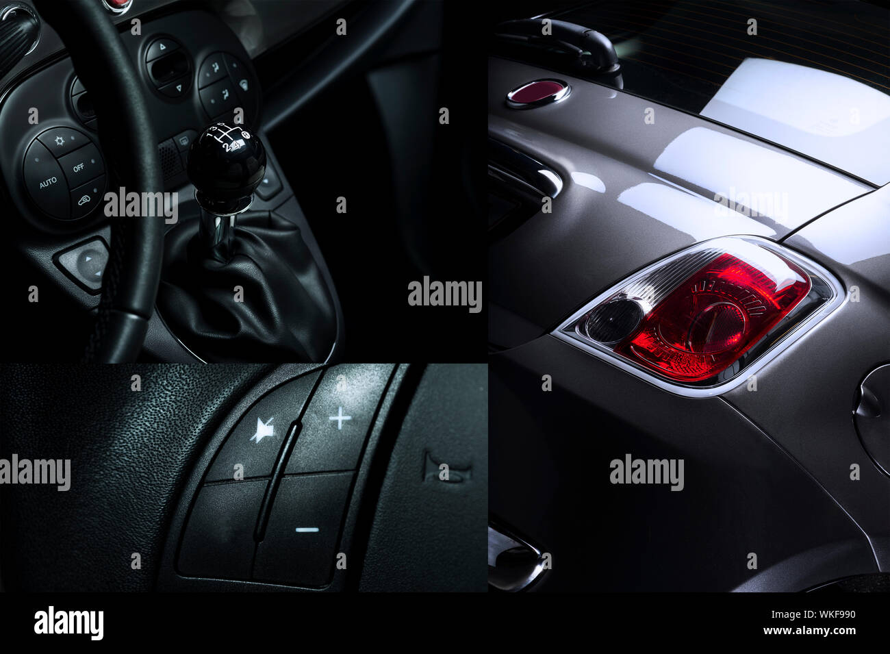 Car Interior and Exterior Collage showing shift know steering wheel and ...
