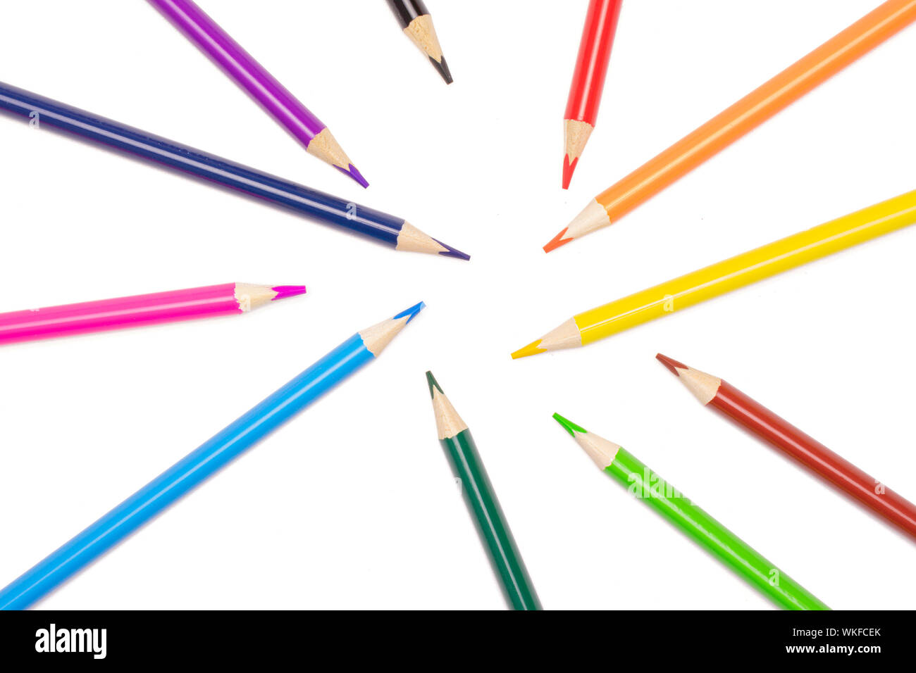 Group of eleven whole colored pencil flatlay isolated on white ...