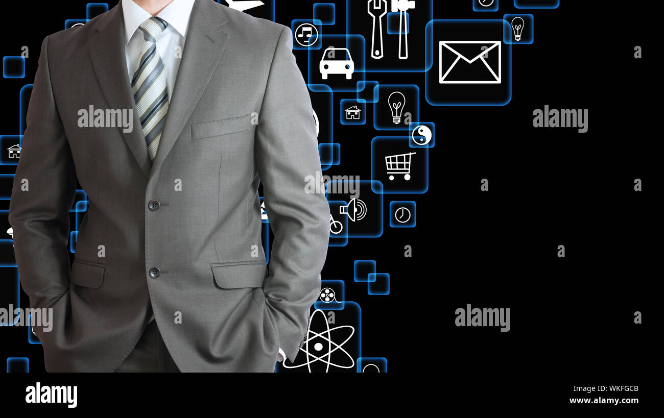 Man in suit and application icons. The concept of software Stock Photo ...