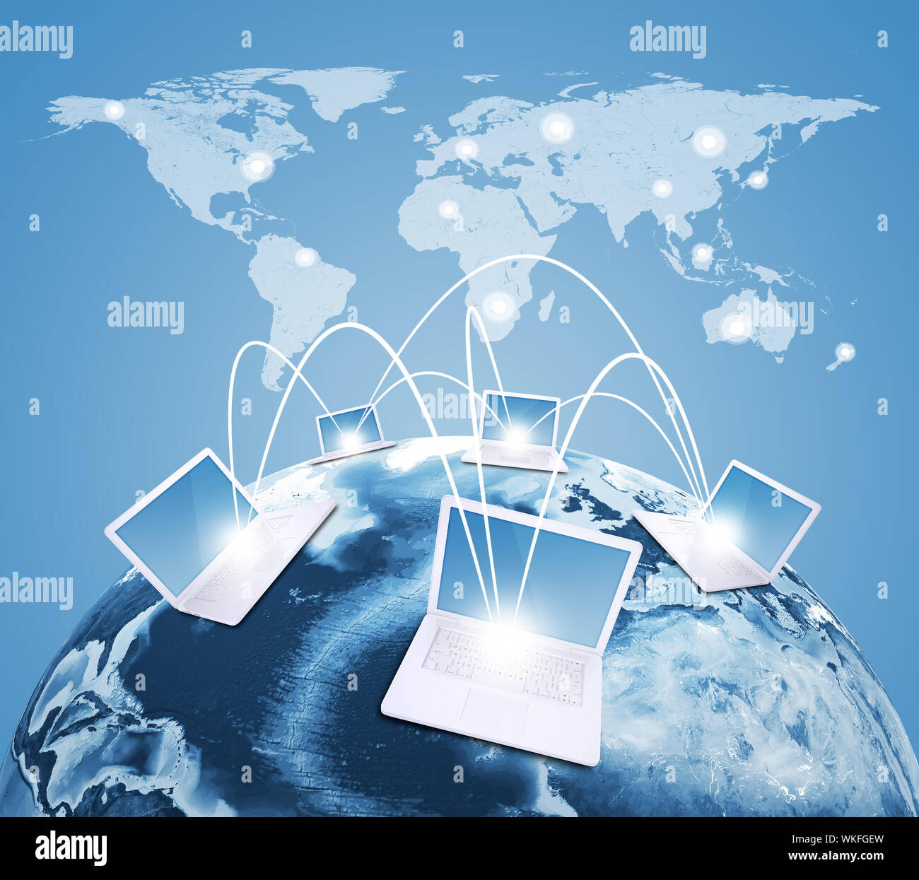 Laptops with Earth against world map background. Connections and ...