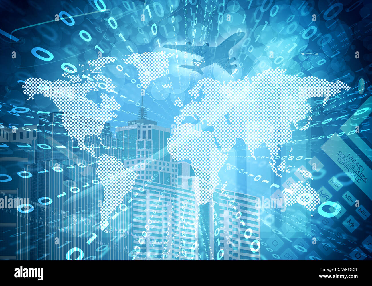 Glowing figures and world map. Hi-tech technological background Stock Photo - Alamy
