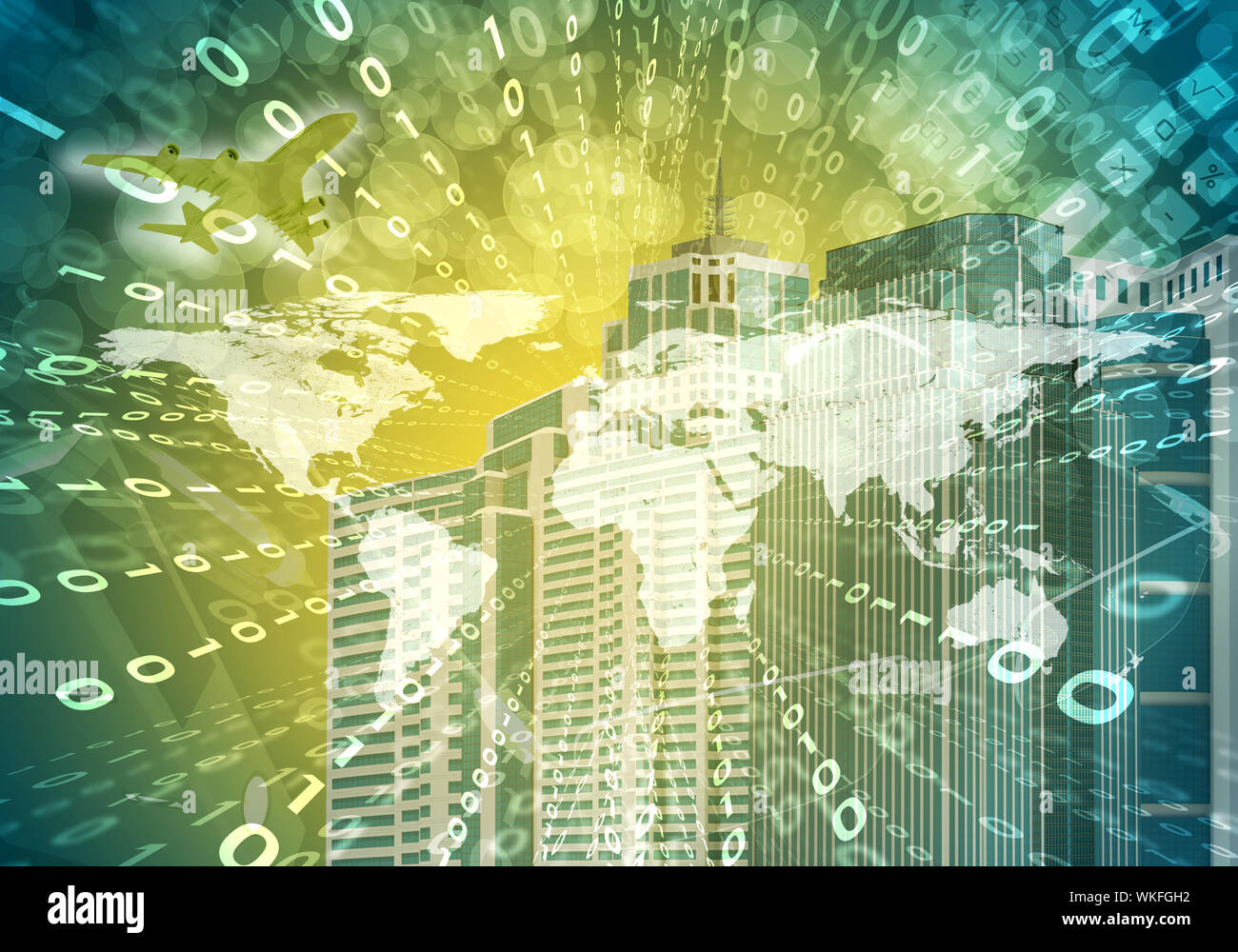 Glowing figures and world map. Hi-tech technological background Stock Photo - Alamy