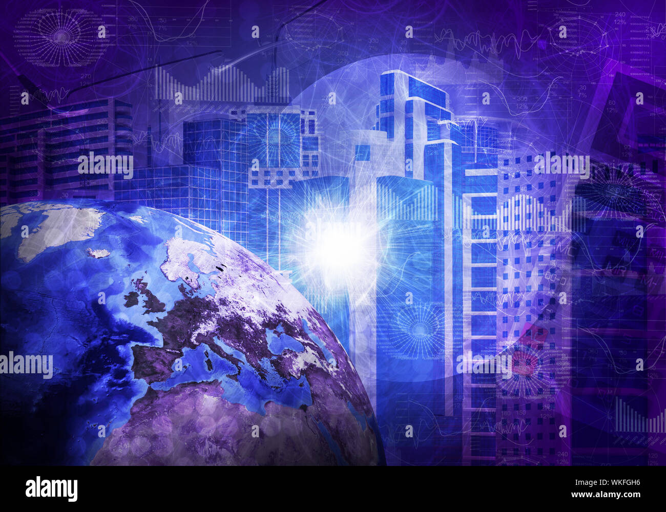 Skyscrapers and world map. Hi-tech technological background. Elements ...