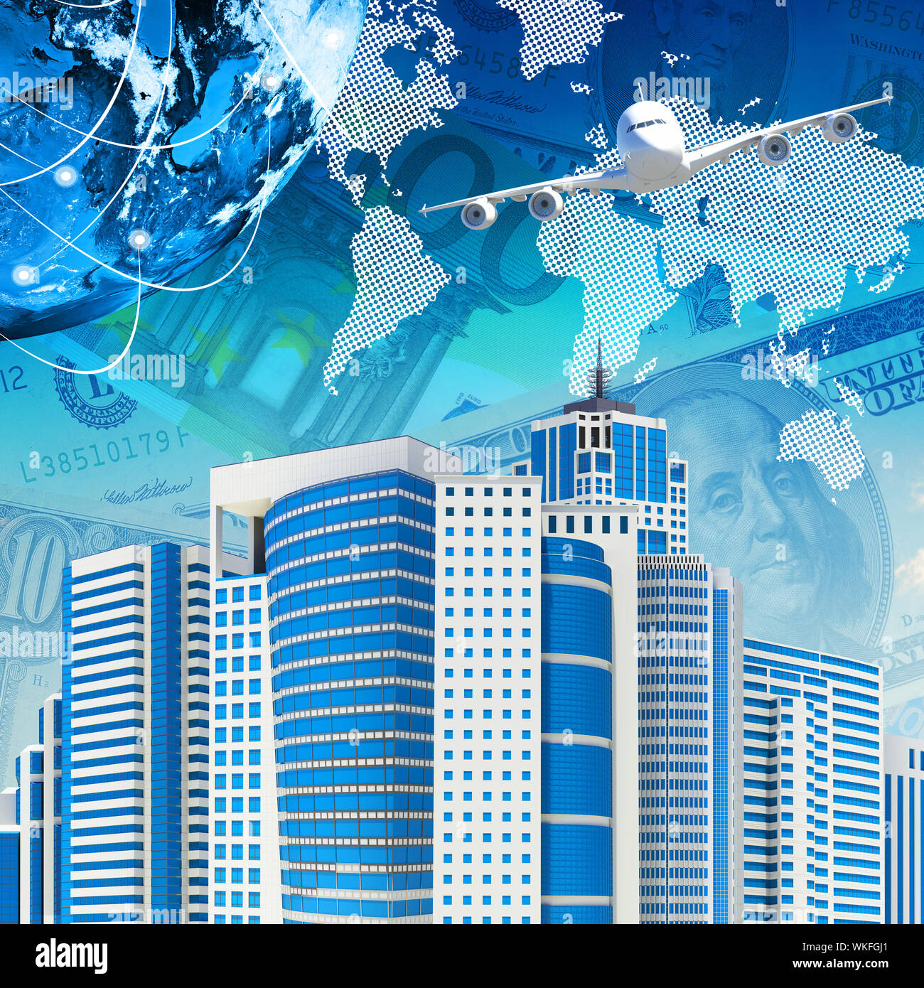 Airplane with the background of skyscrapers and Earth. Business concept ...