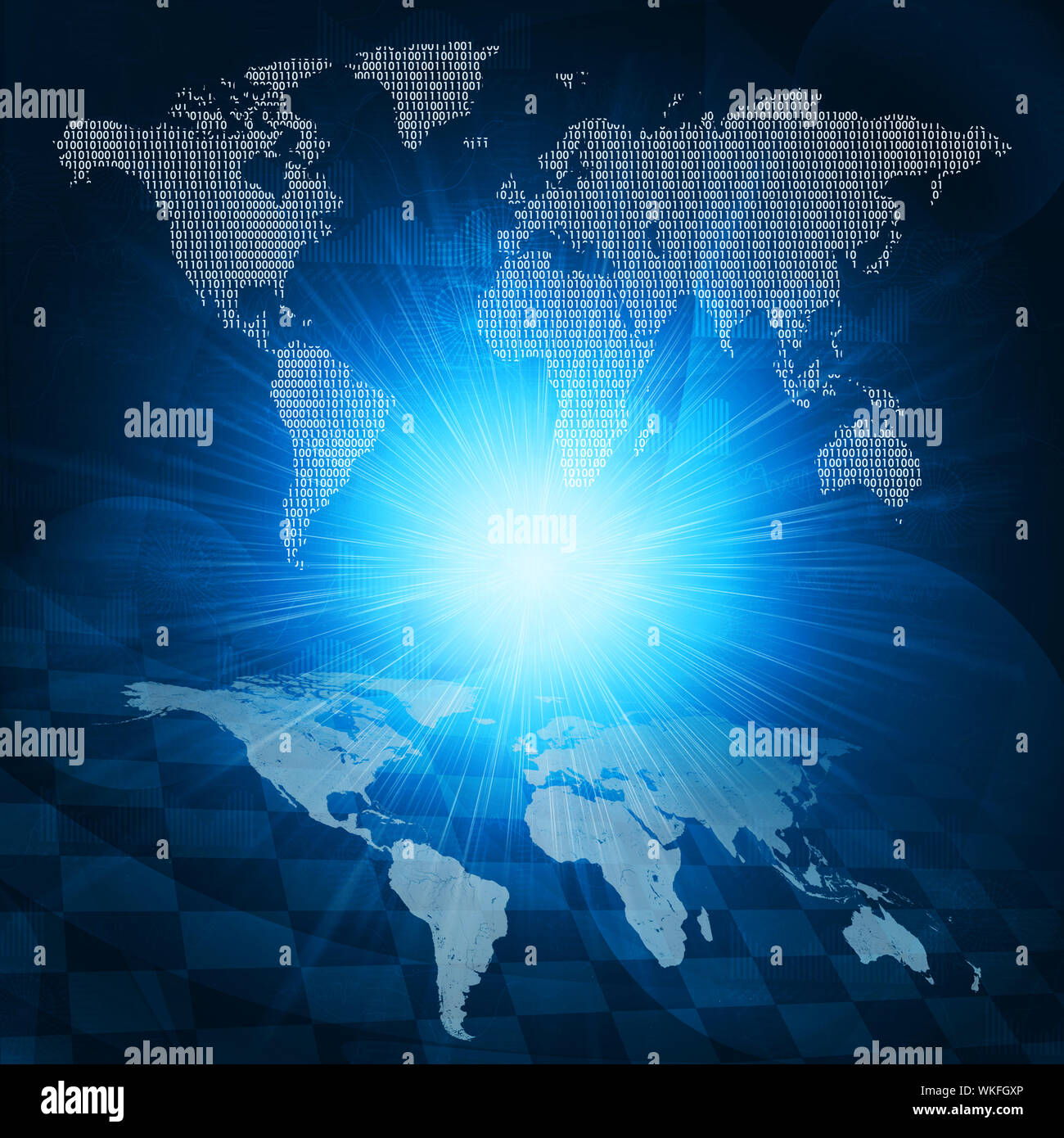 Glowing figures and world map. Hi-tech technological background Stock ...