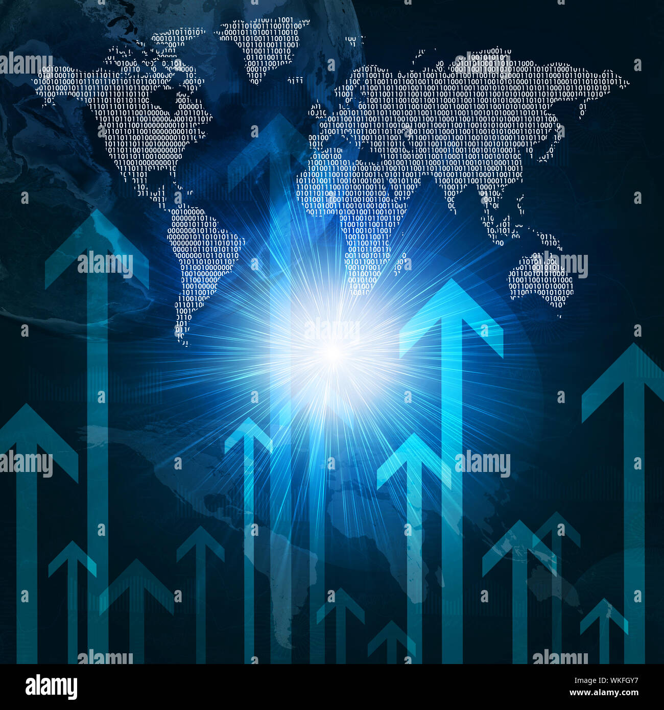 Glowing figures, arrows and world map. Hi-tech technological background Stock Photo - Alamy