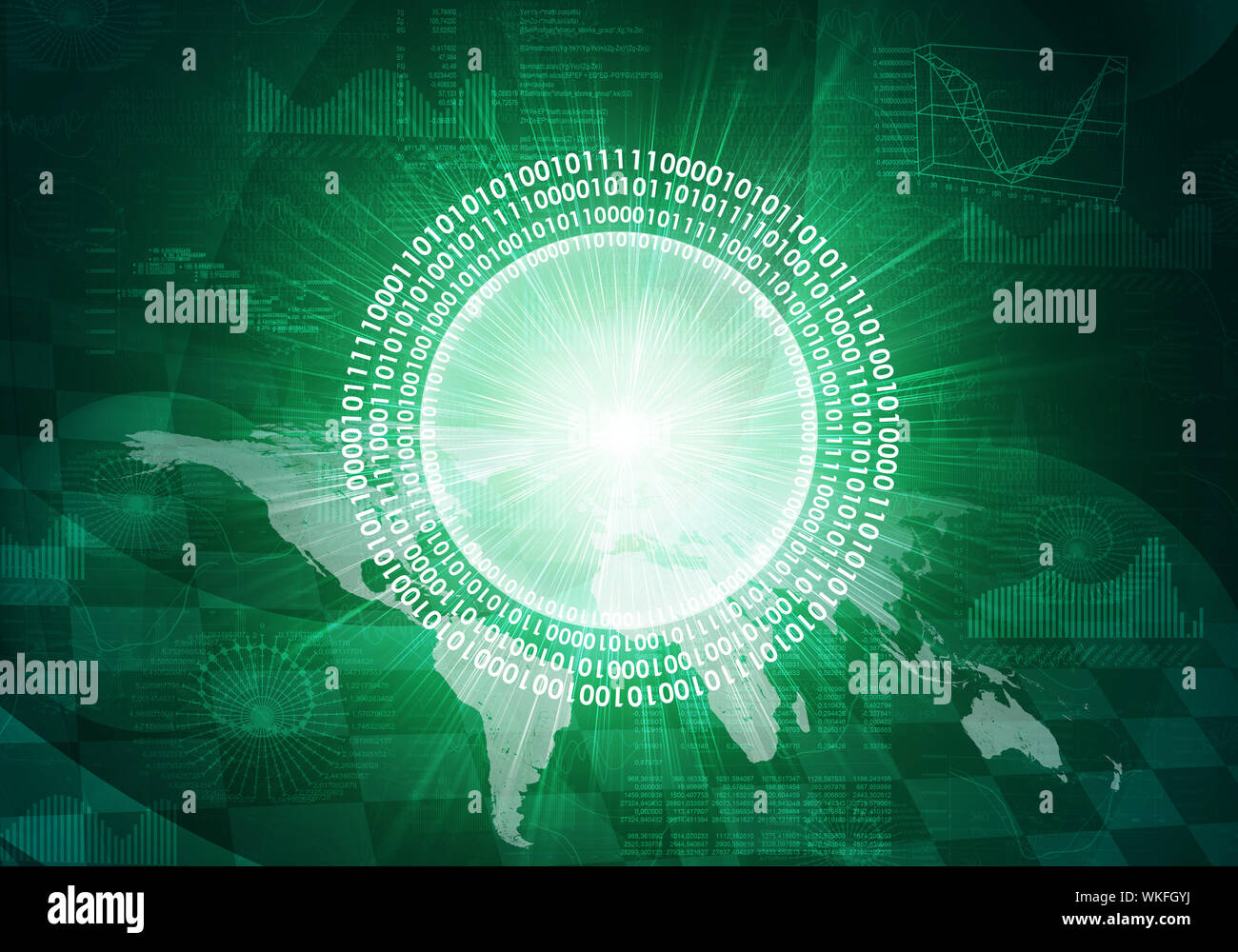 Glowing figures and world map. Hi-tech technological background Stock Photo - Alamy