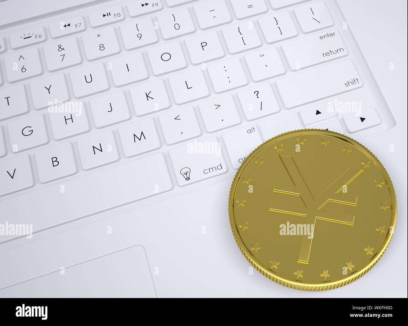 Gold yen coin on the keyboard. View from above Stock Photo - Alamy