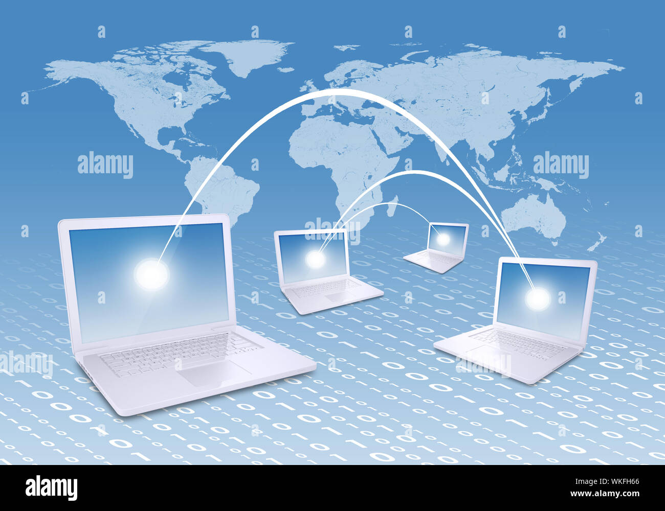 Laptops against world map background. Connections and network Stock ...