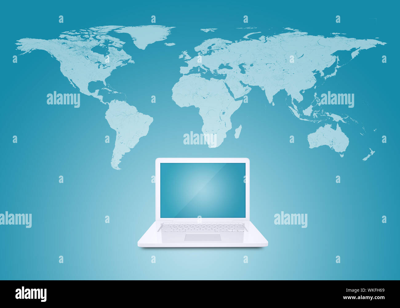 Laptop against world map background. Connections and network Stock ...