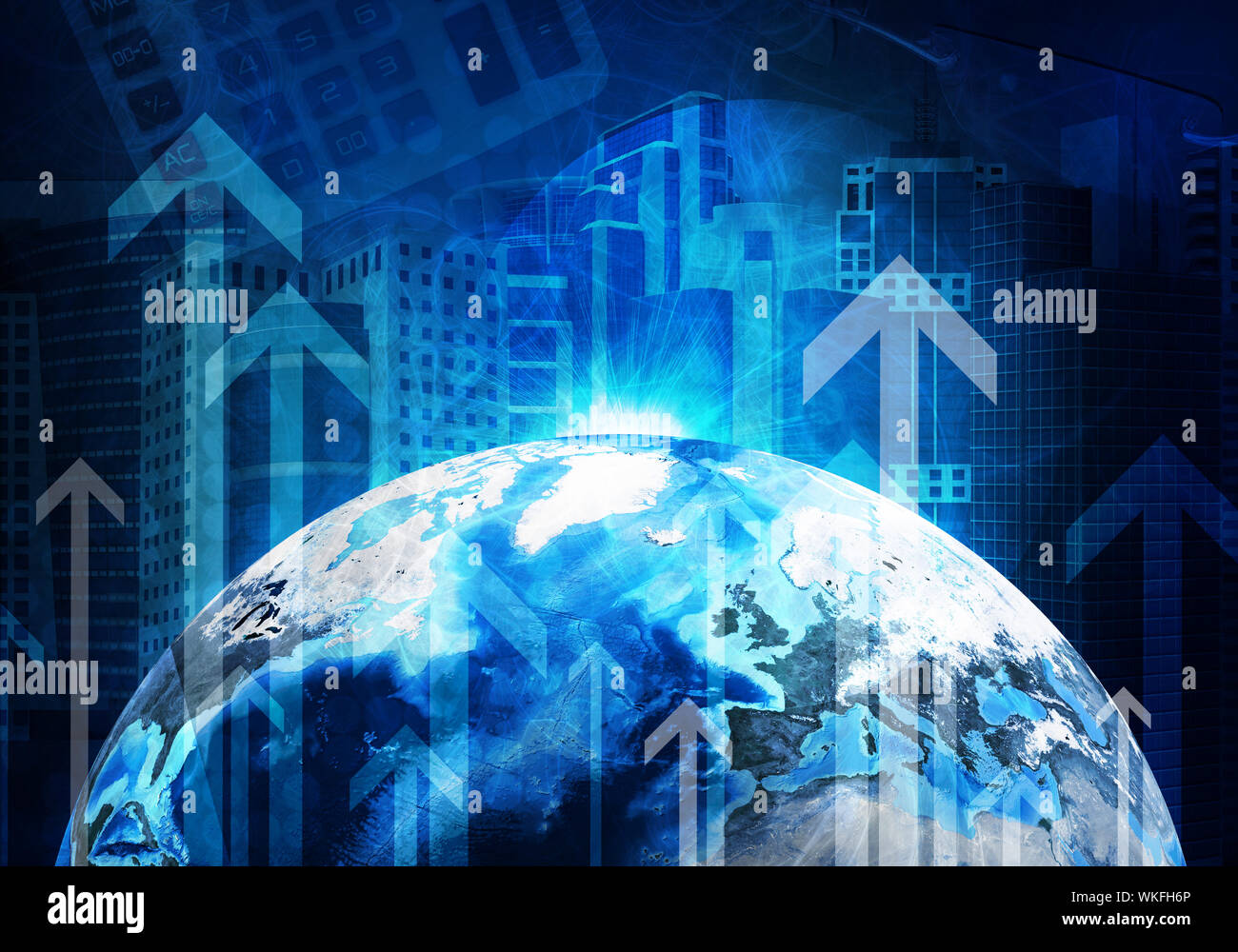 Skyscrapers and world map. Hi-tech technological background. Elements ...