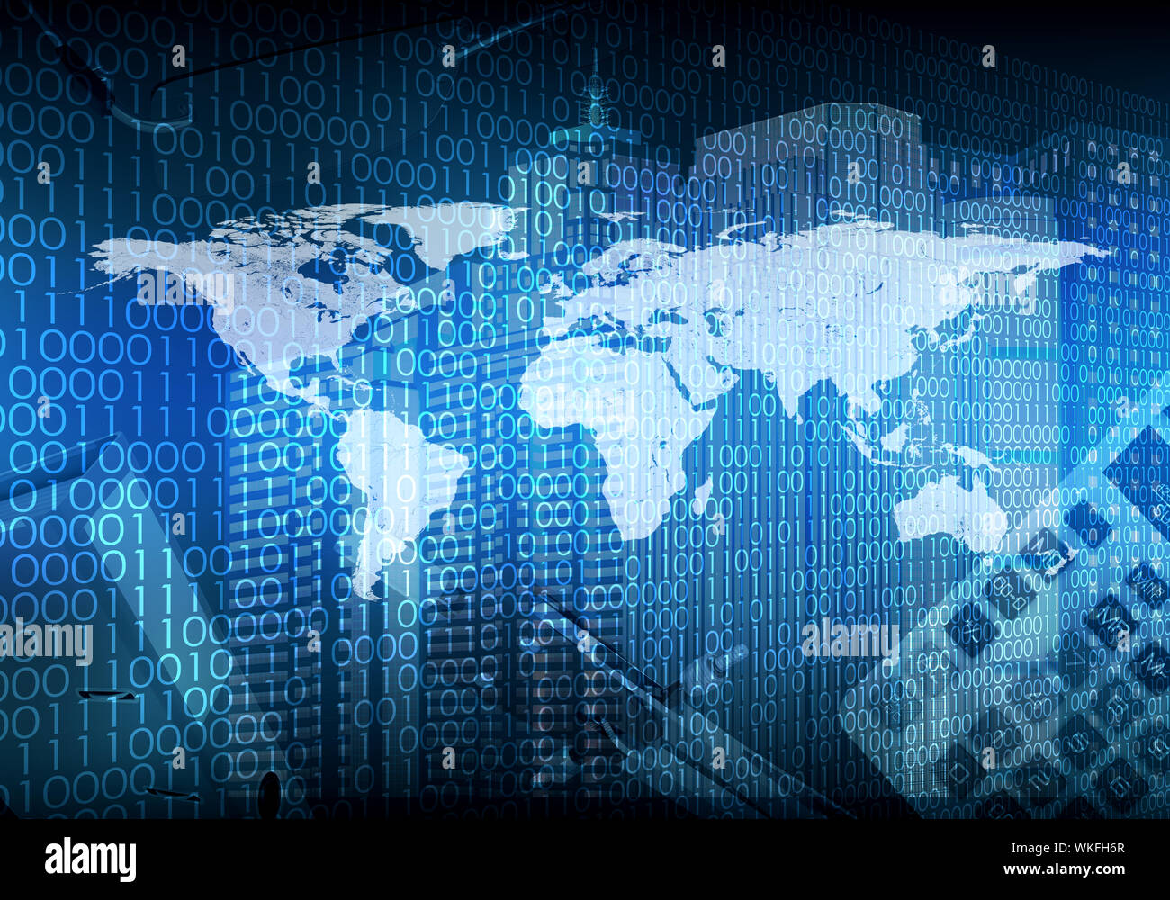 Glowing figures and world map. Hi-tech technological background Stock ...