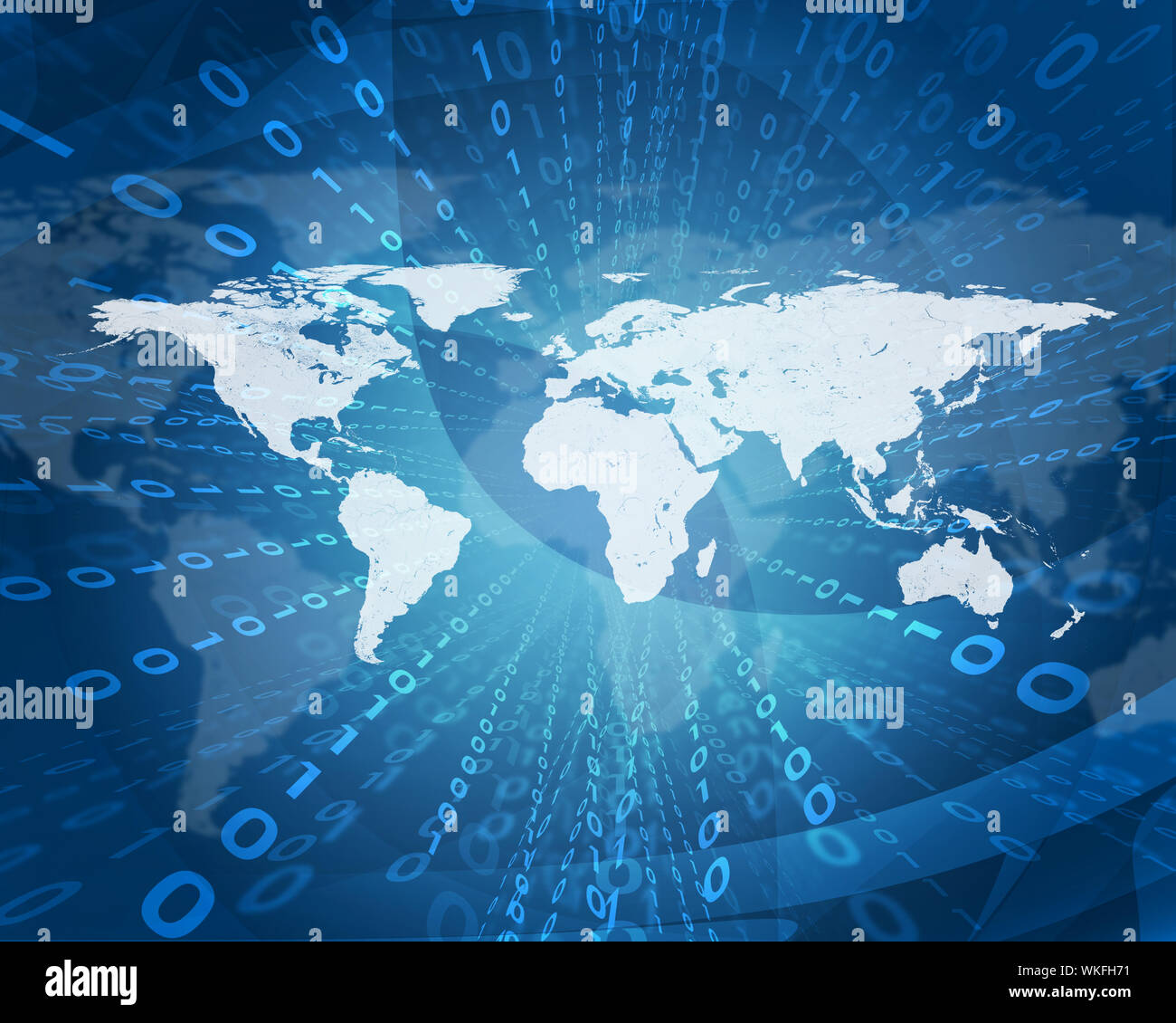 Glowing figures and world map. Hi-tech technological background Stock ...