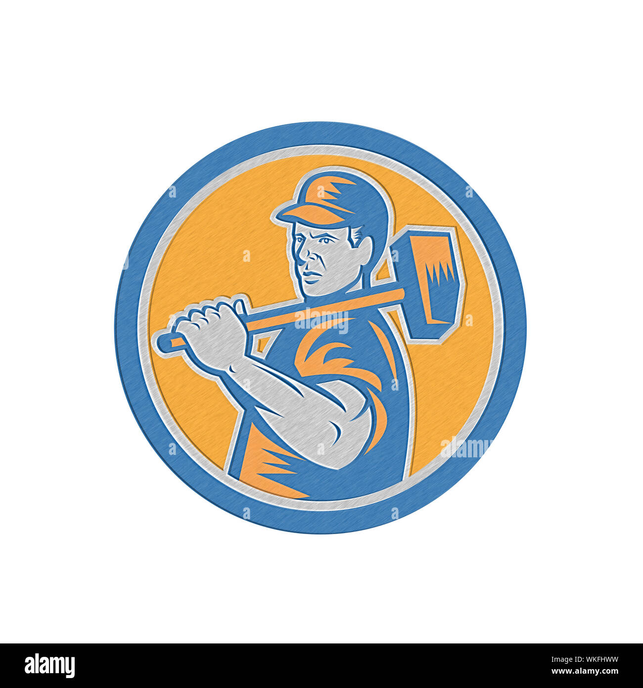 Metallic styled illustration of a union worker holding sledgehammer ...