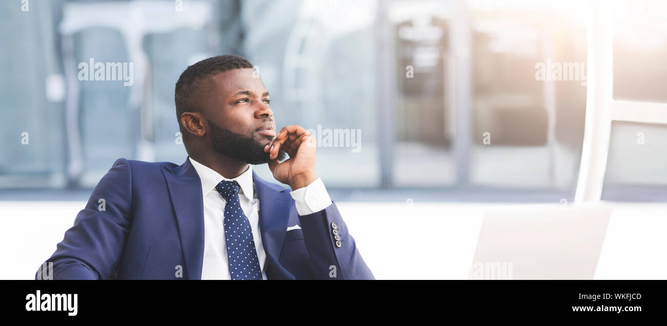 Pensive Business Guy Thinking Touching Chin At Outdoor Cafe, Panorama ...